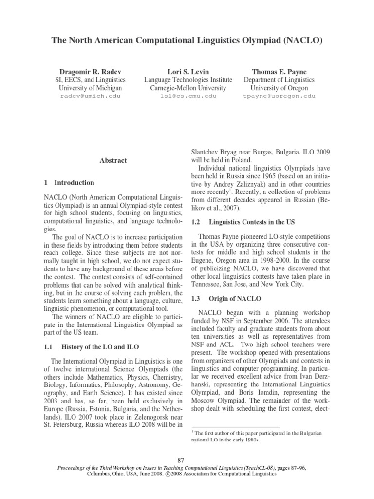 The North American Computational Linguistics Olympiad (NACLO) | PDF ...