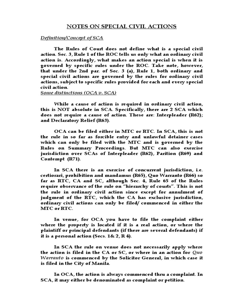 Notes On Special Civil Actions: Definition/Concept of SCA | PDF ...