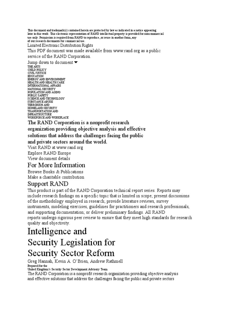 Intelligence and Security Legislation For Security Sector Reform | PDF | Counterintelligence ...