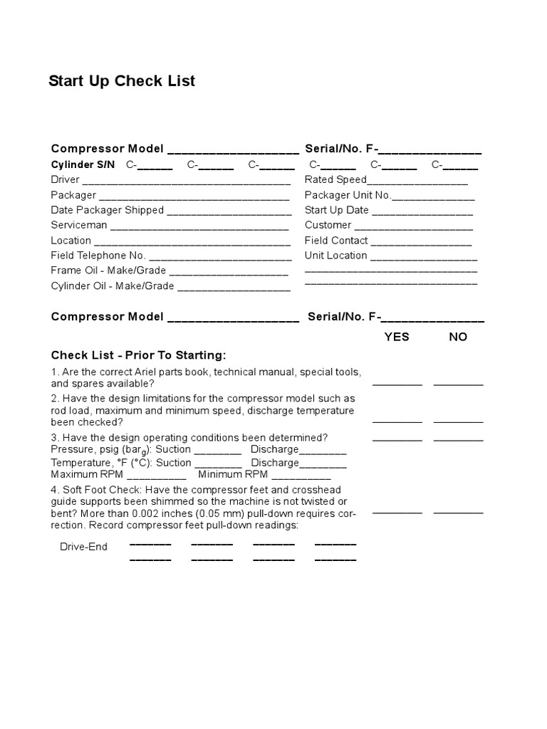 Compressor Start-Up Check List | PDF | Piston | Valve
