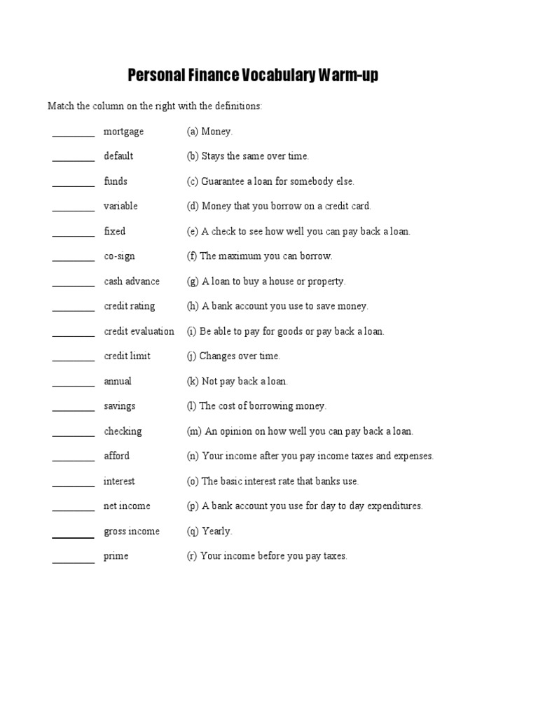 Personal Finance Vocabulary Worksheet | PDF | Loans | Credit
