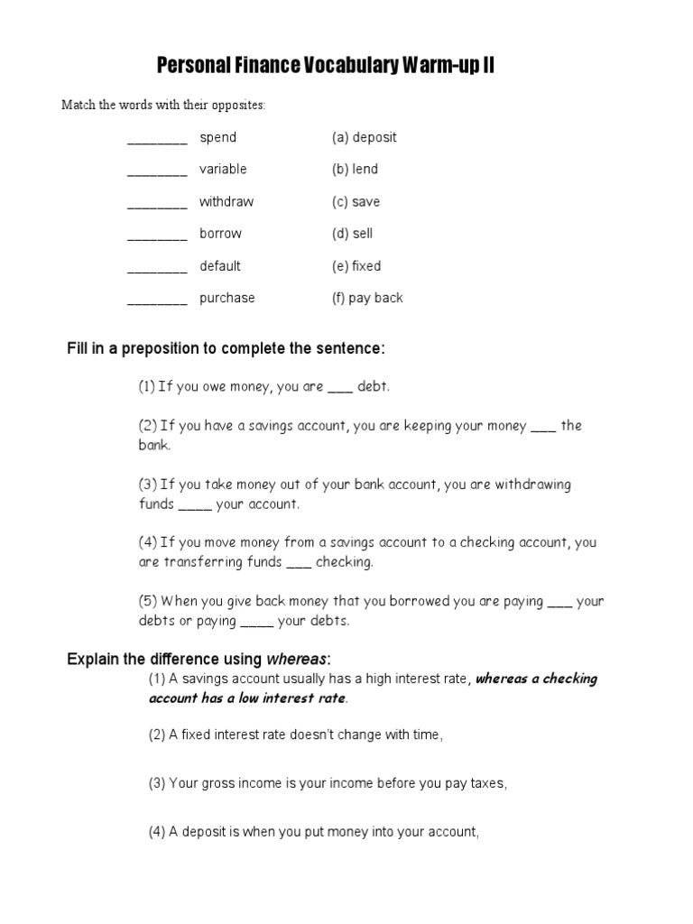 Personal Finance Vocabulary Warm-Up II: Fill in A Preposition To ...