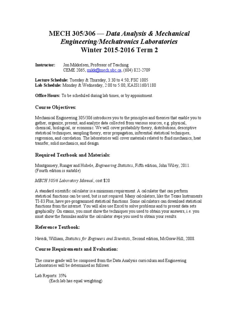 MECH 305/306 - Data Analysis & Mechanical Winter 2015-2016 Term 2 | PDF ...