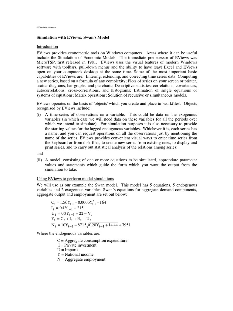 Simulation With Eviews: Swan'S Model: T T 1 T T T 1 T T T T T T T T 1 1 ...