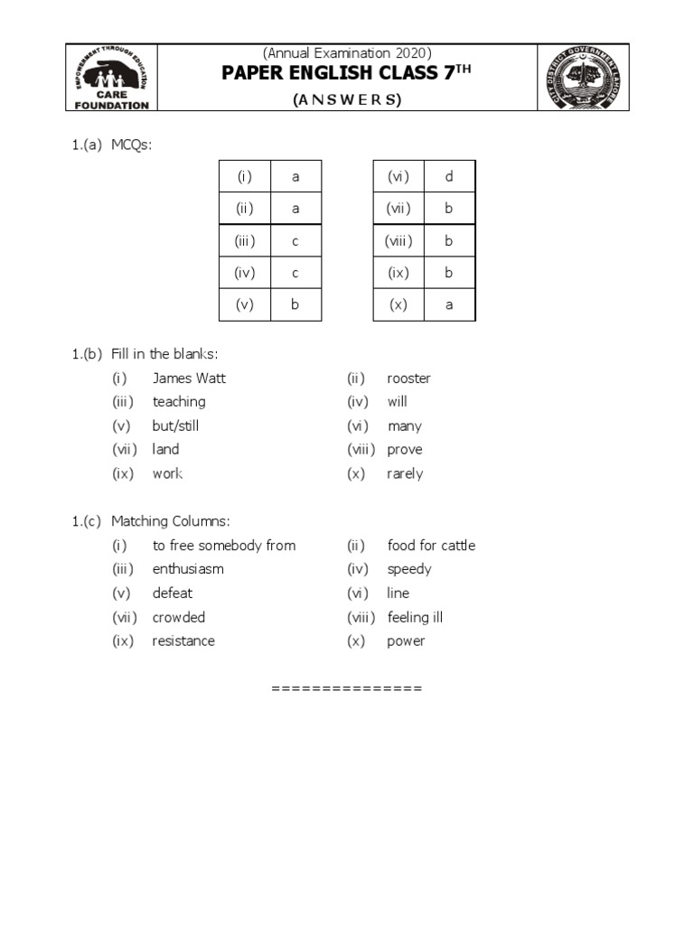 Paper English Class 7: (Answers) | PDF