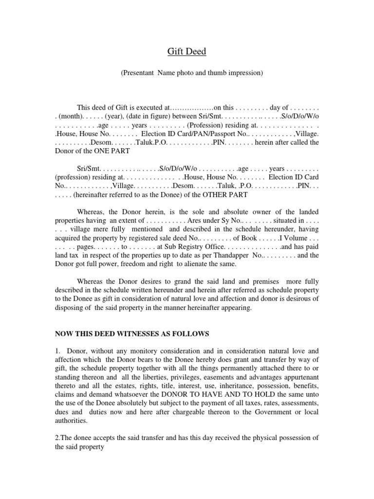 Gift Deed: Now This Deed Witnesses As Follows | PDF | Trust Law | Property