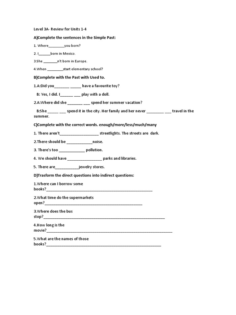 Reviewing Simple Past, Used to, Quantifiers, and Indirect Questions for ...