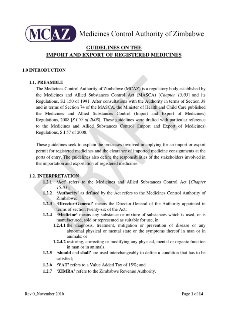 Zimbabwe Guidelines On The Import and Export of Registered Medicines ...