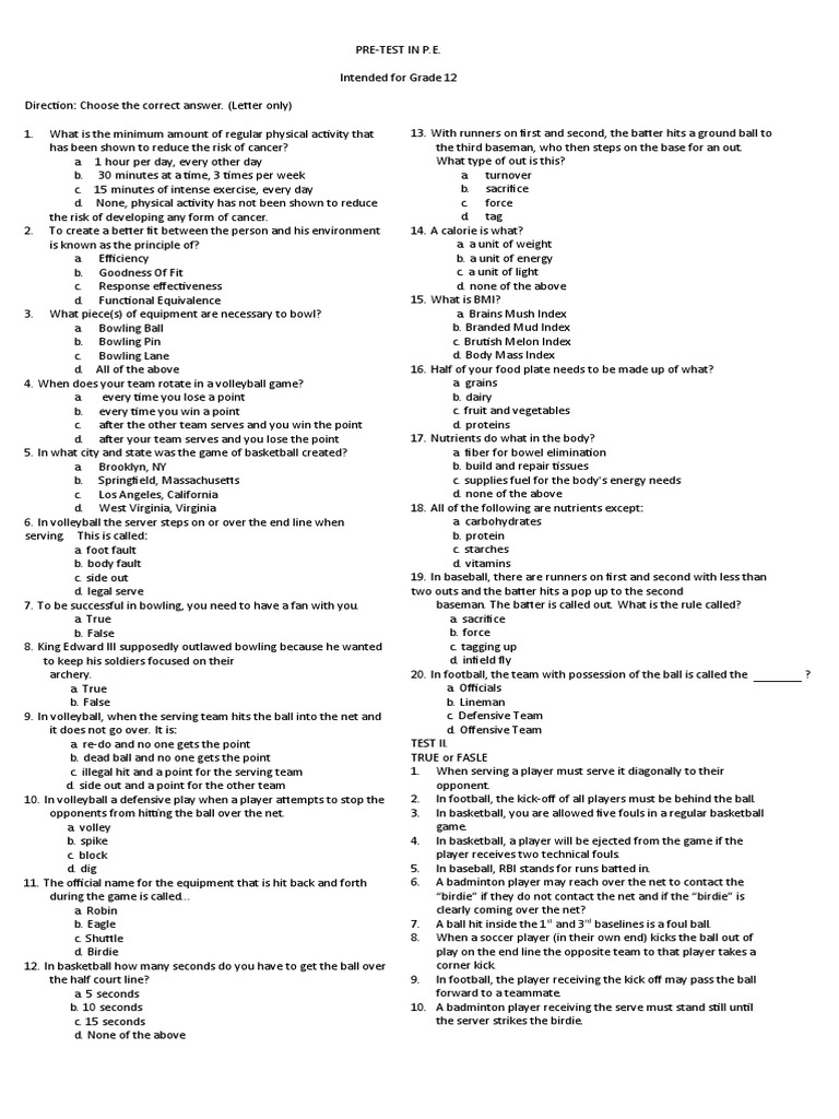 Pree Test Grade 12 | PDF | Volleyball | Sports