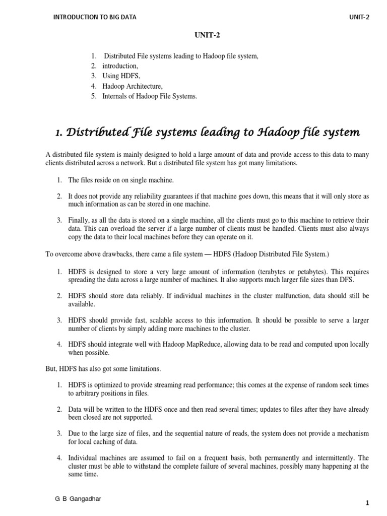 Distributed File Systems Leading To Hadoop File System: UNIT-2 | Download Free PDF | Apache ...