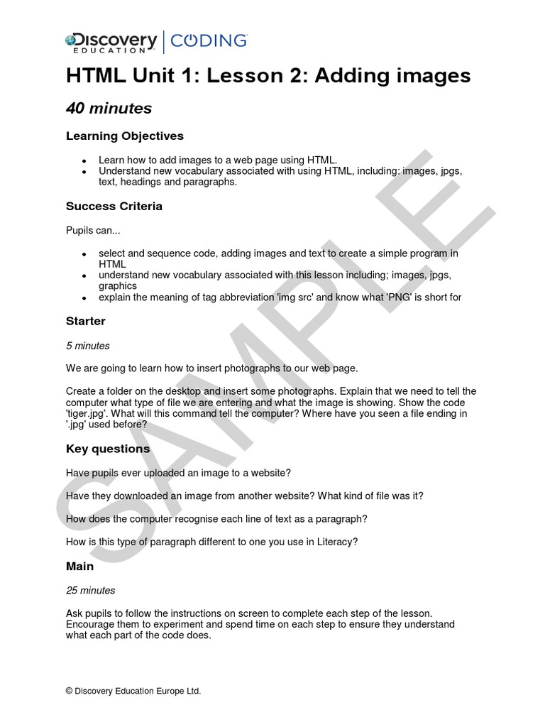 Sample: HTML Unit 1: Lesson 2: Adding Images | PDF