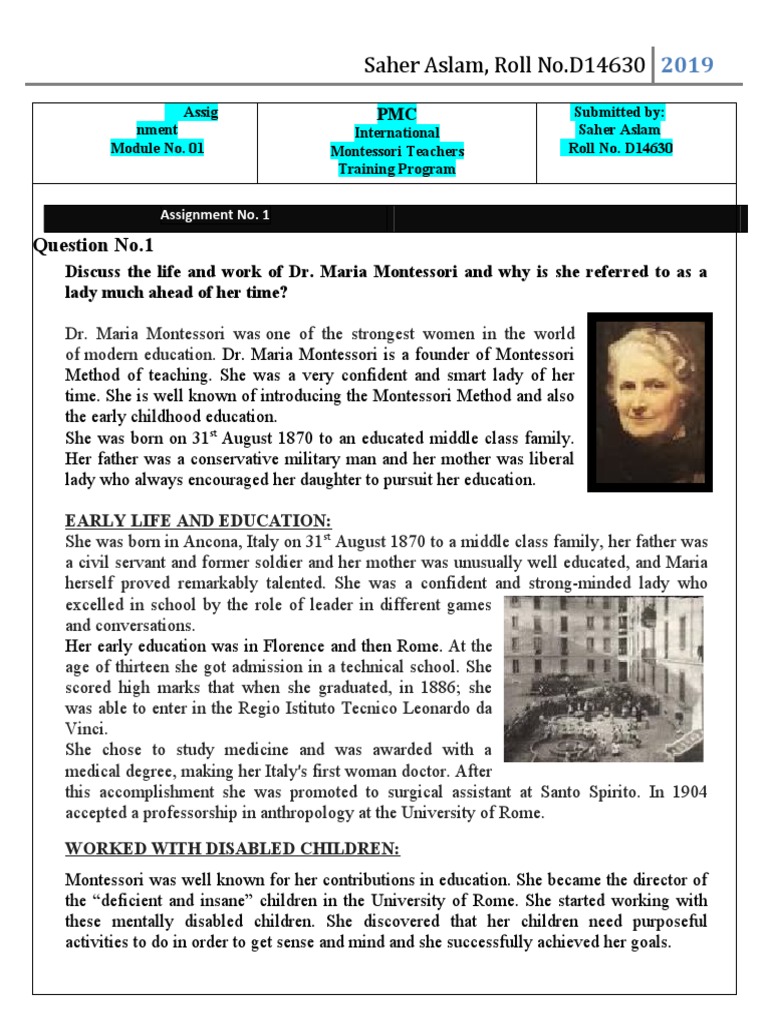 PMC Assignment Module 01, D14630 | PDF | Montessori Education | Teachers
