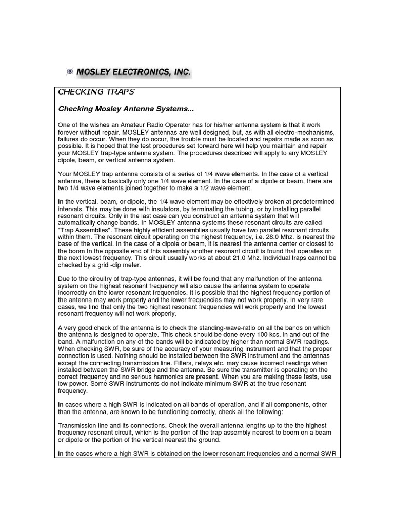 Checking Traps Checking Mosley Antenna Systems.. | PDF | Antenna (Radio ...