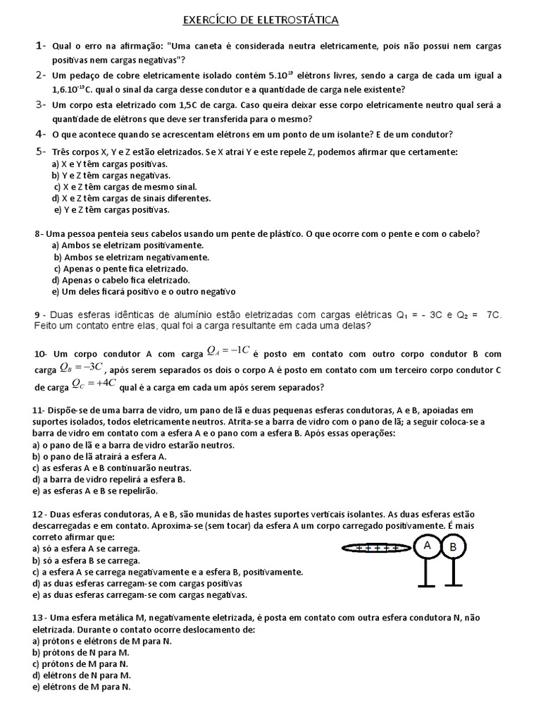 Exercício De Eletrostática Pdf Carga Elétrica Condutor Elétrico
