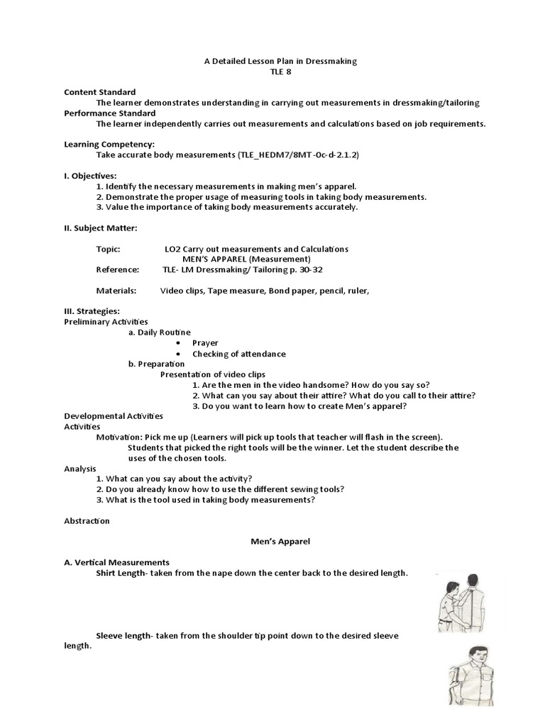 A Detailed Lesson Plan in Dressmaking | PDF | Measurement | Lesson Plan