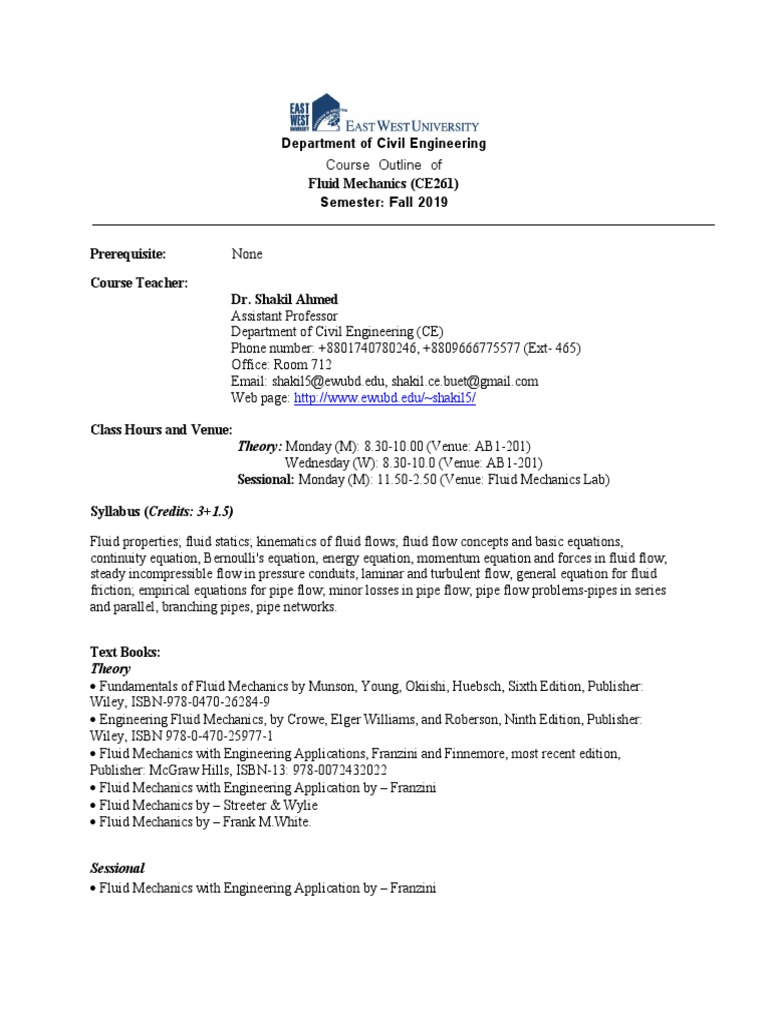 Department of Civil Engineering Course Outline of Semester: Fall 2019 ...