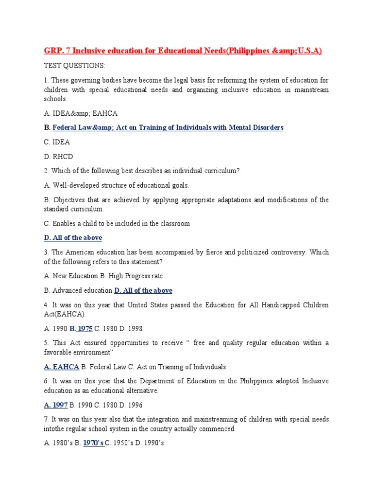 Comprehensive Questions on Inclusive Education for Students with ...