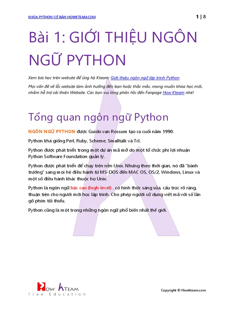 Bài 1 - Giới thiệu ngôn ngữ lập trình python PDF | PDF