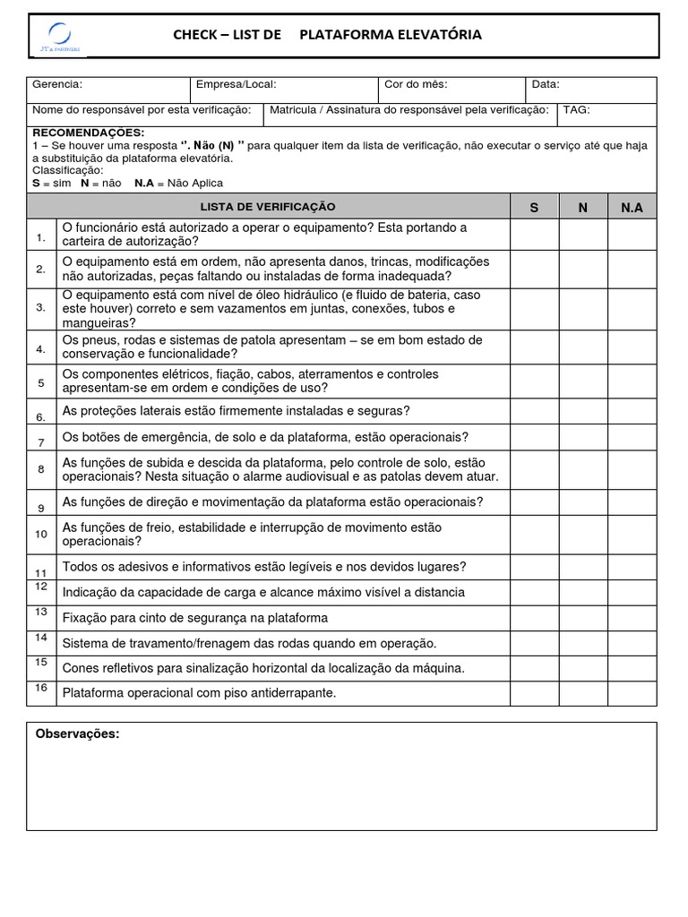 Check List Plataforma Elevatoria JT | PDF