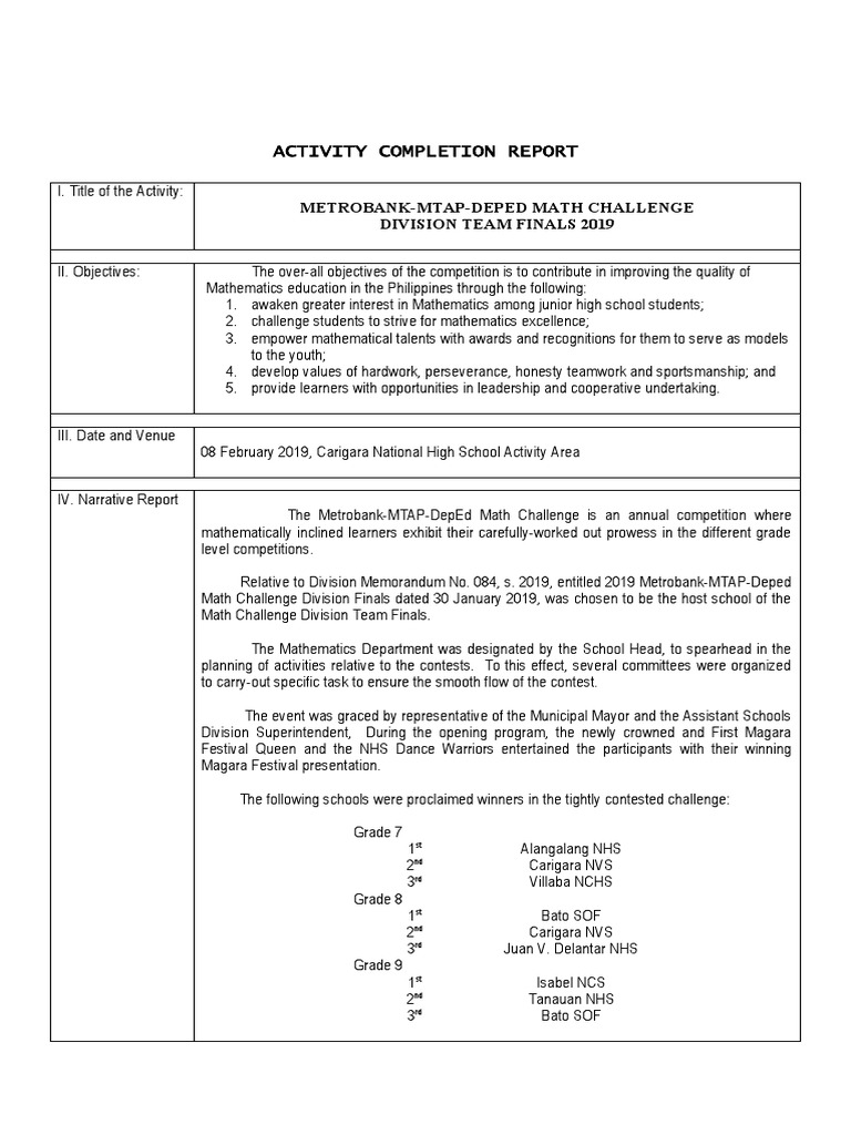 Activity Completion Report - Mtap | PDF | Learning | Behavior Modification