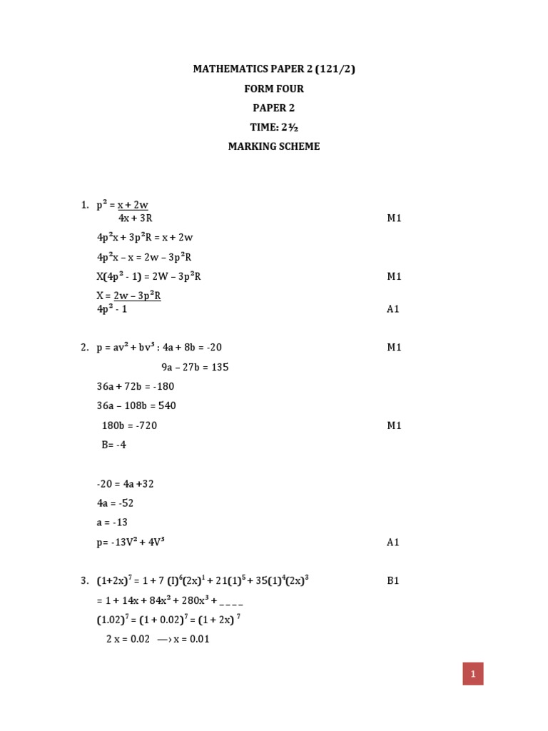 Mathematics Paper 2 (121/2) Form Four Paper 2 TIME: 2 Marking Scheme ...
