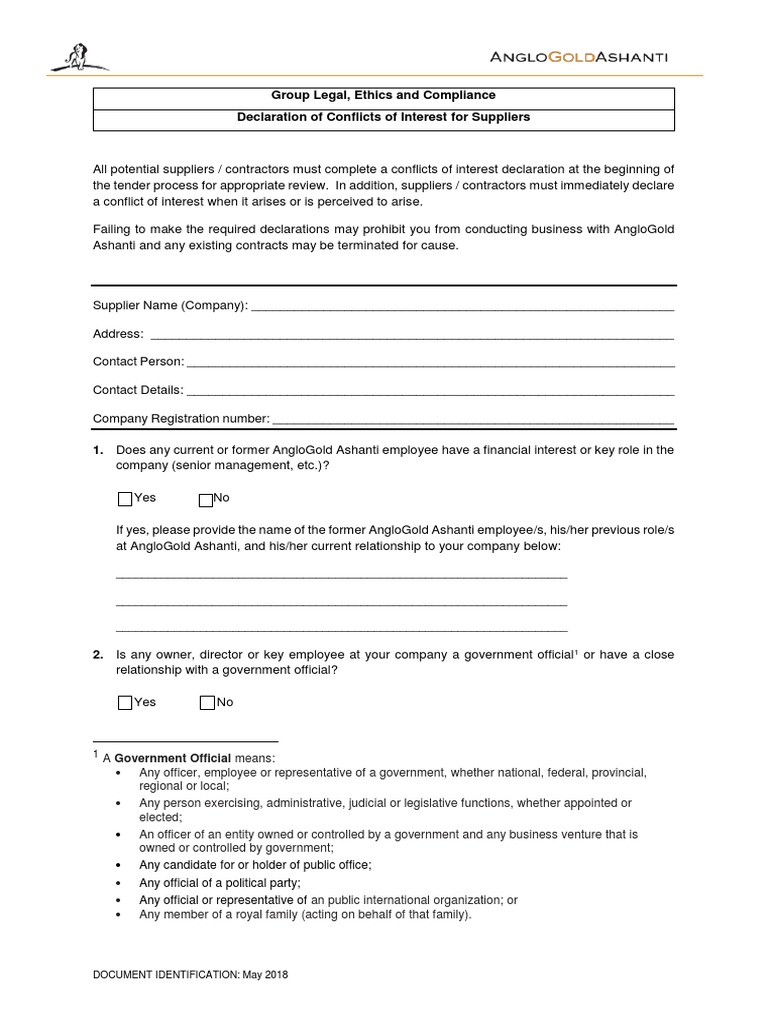 Conflicts of Interest Declaration Form For Suppliers | PDF | Conflict ...