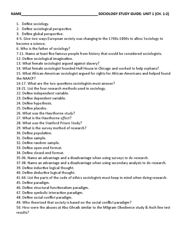 Sociology Study Guide: Unit 1 Overview | PDF | Science & Mathematics