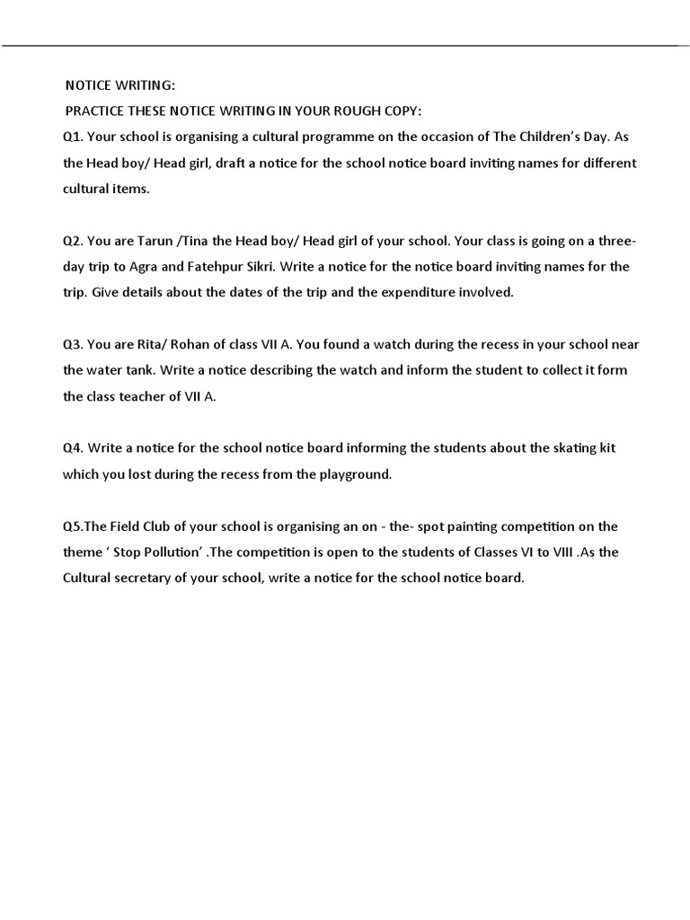 Notice Writing Questions Class VII | PDF