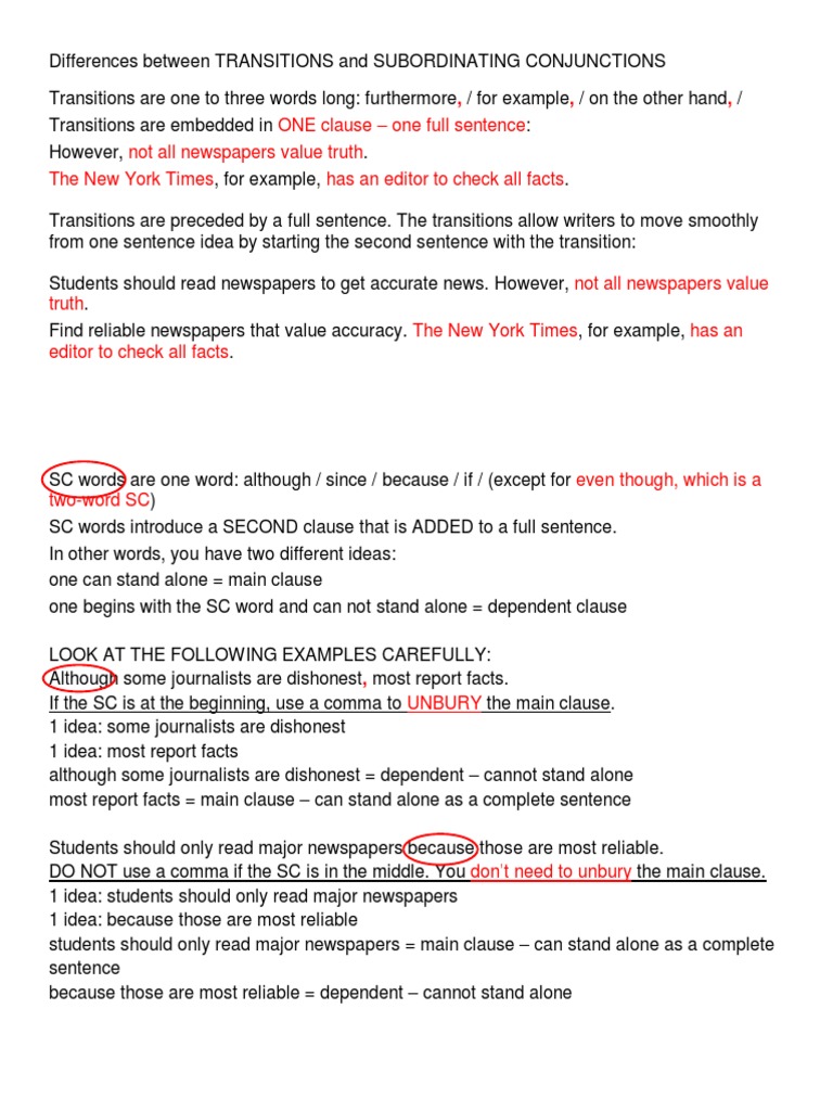 Differences Between TRANSITIONS and SUBORDINATING CONJUNCTIONS | PDF ...