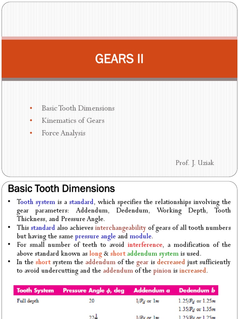 Gears Ii: Basic Tooth Dimensions Kinematics of Gears Force Analysis ...