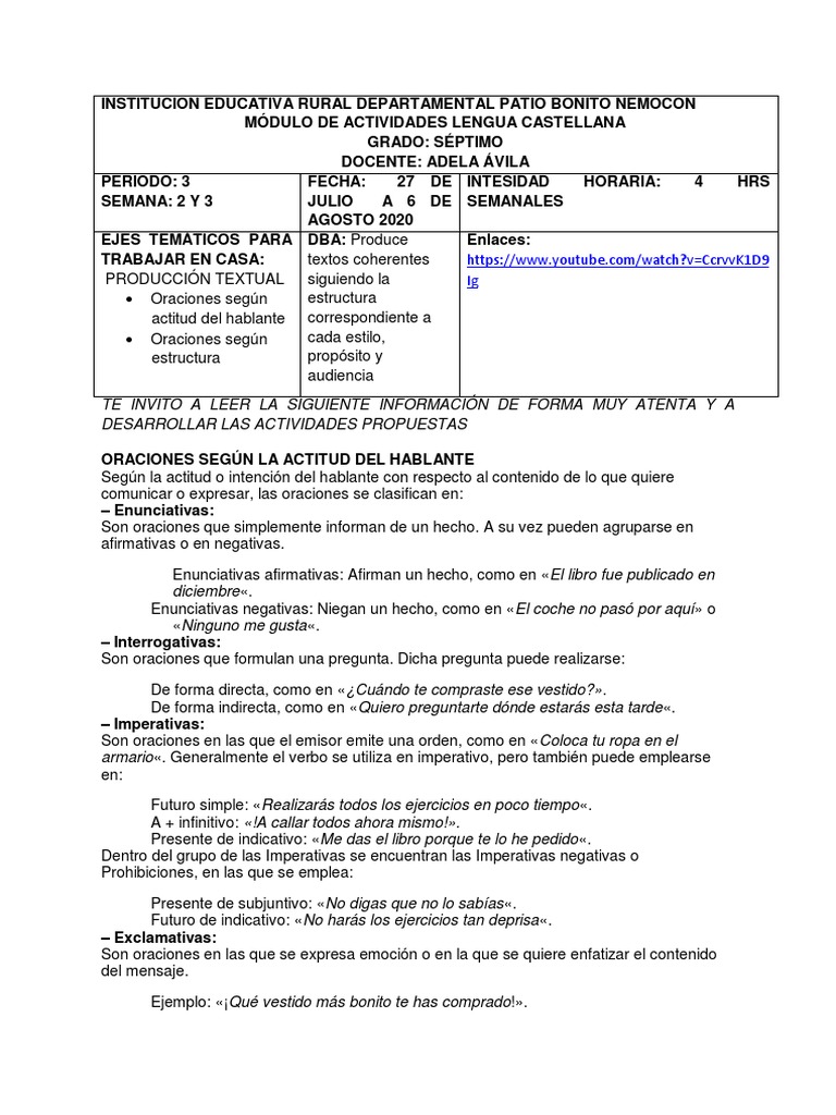 Semana 2 y 3 Séptimos Español 3 Periodo Adela Ávila | PDF | Oración ...