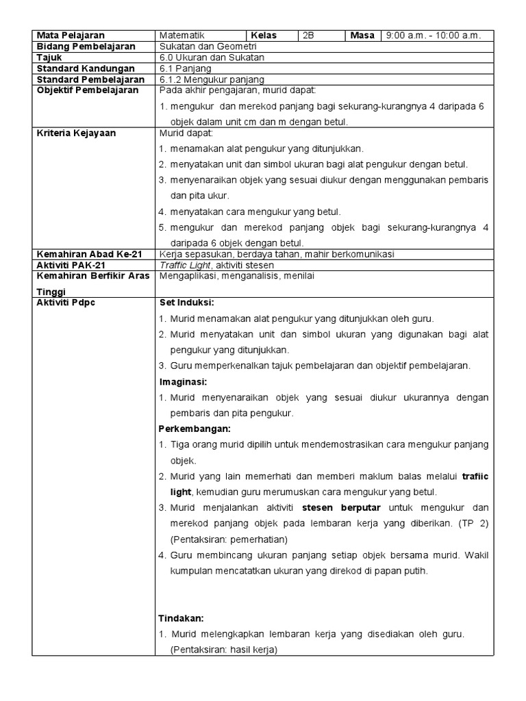 Contoh RPH Matematik TS25 | PDF