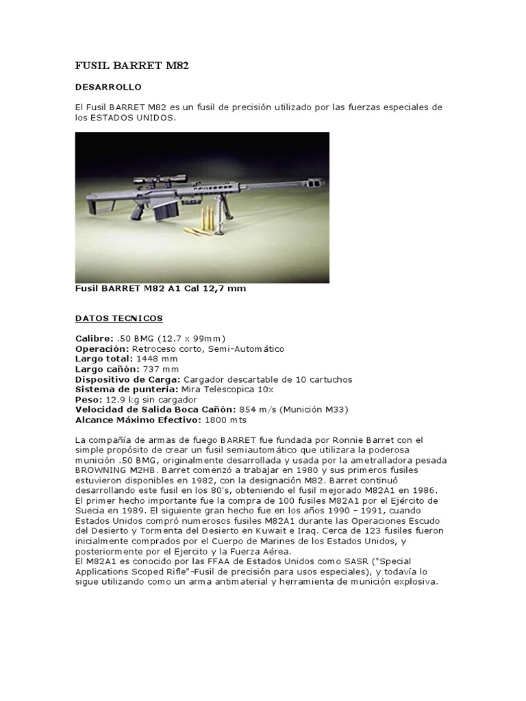 FUSIL BARRET M82 MUNICION .50 Importante | PDF | Rifle | Ciencia militar