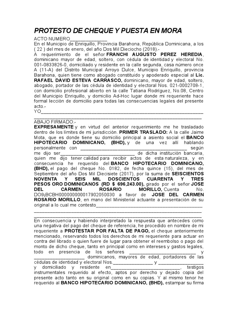 Protesto de Cheque y Puesta en Mora | PDF | Cheque | Trucos de confianza