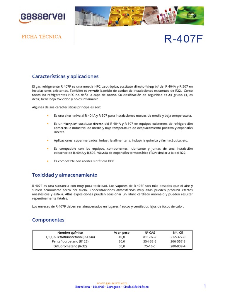 Ficha Tecnica R 407f Gas Servei | PDF | Naturaleza | Gases