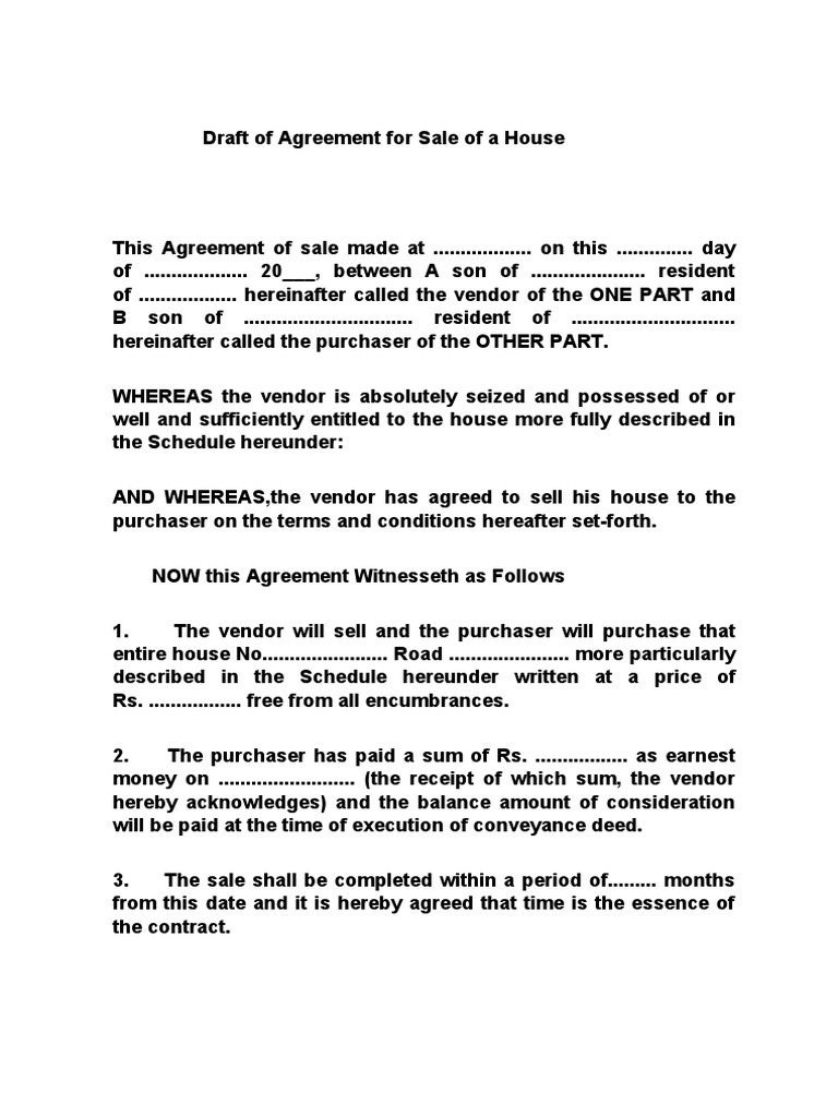 Draft of Agreement For Sale of A House | PDF | Conveyancing | Deed
