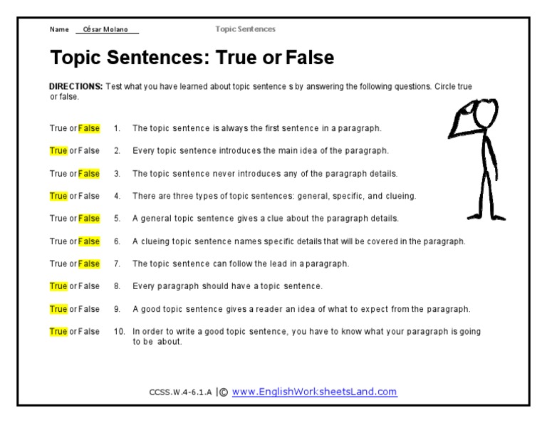 E.true or False According To The Types of Topic Sentences | PDF