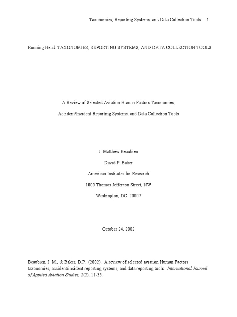 A Review of Selected Aviation Human Factors Taxonomies - Beaubien ...