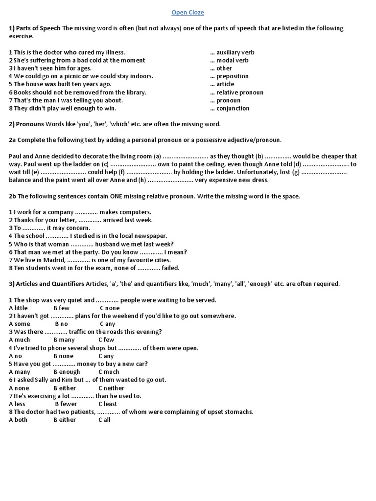 Open Cloze | PDF | Part Of Speech | Verb