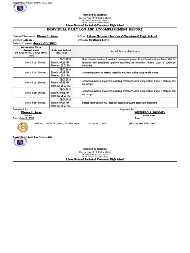 Individual Daily Log and Accomplishment Report: Department of Education ...