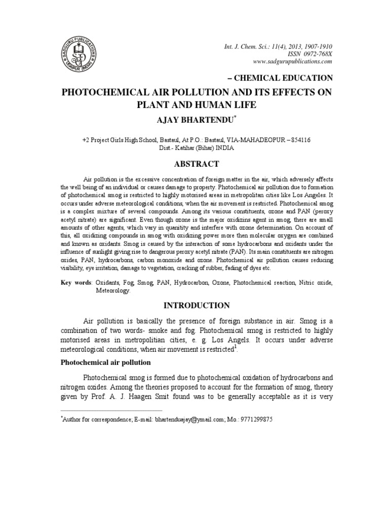 Photochemical Air Pollution and Its Effects On Plant and Human Life ...