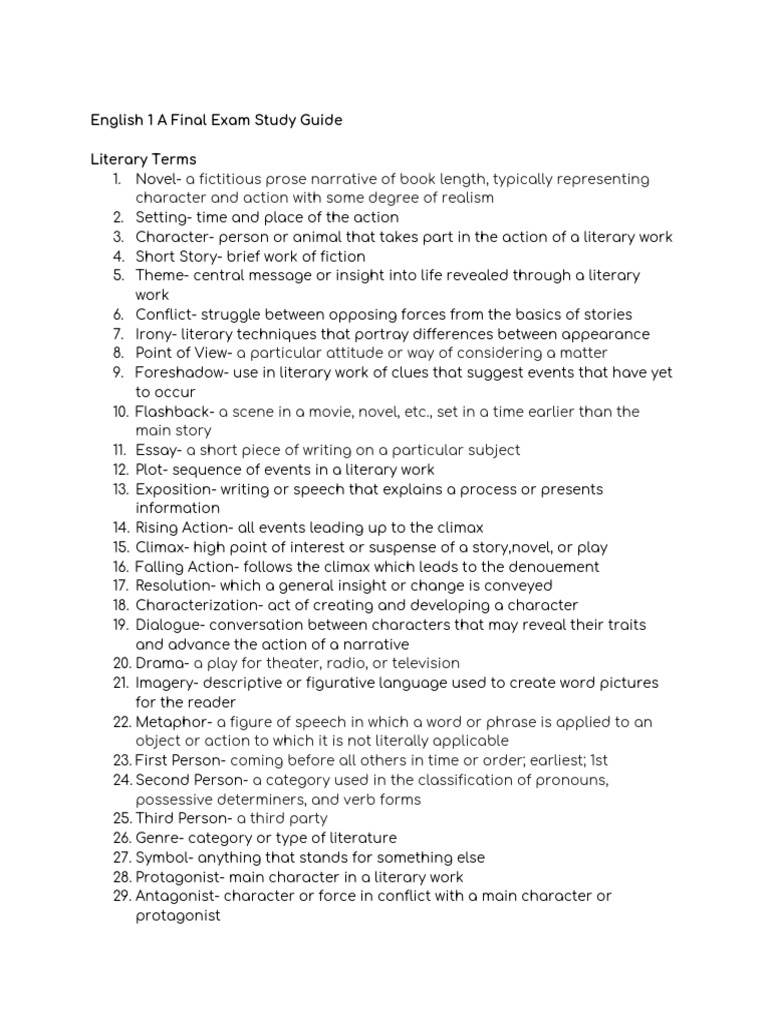 English 1A Final Exam Guide | PDF | Narrative | Part Of Speech