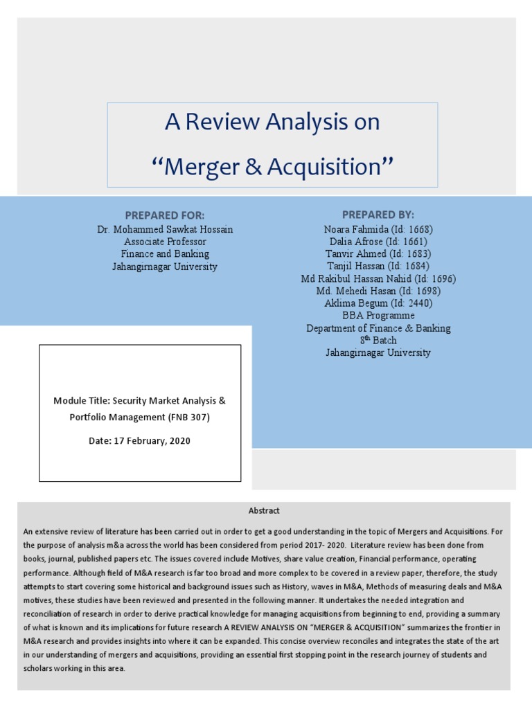 A Review Analysis On "Merger & Acquisition": Prepared For: Prepared by ...