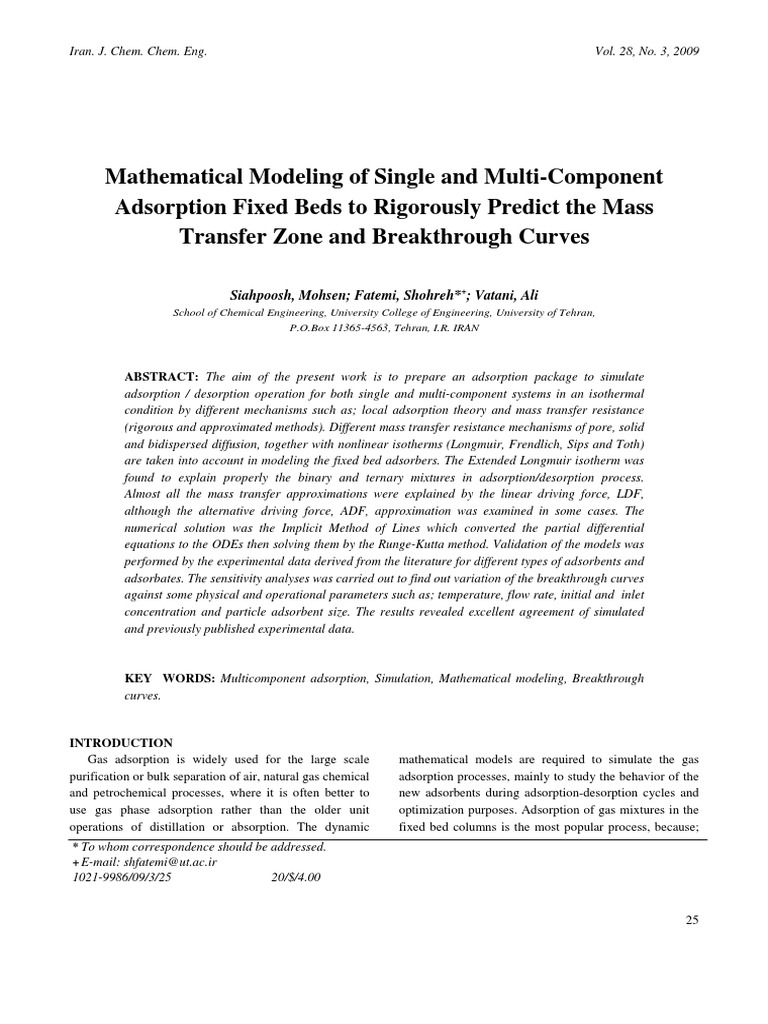 Mathematical Modeling of Single and Multi-Component Adsorption Fixed Beds To Rigorously Predict ...