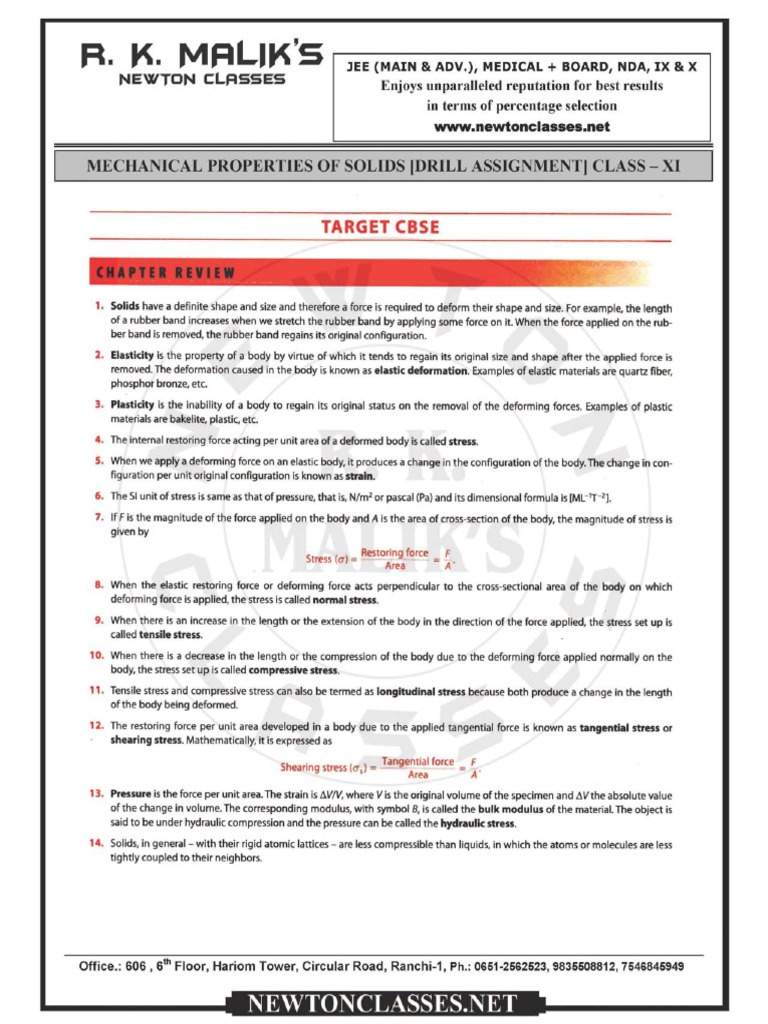 Mechanical Properties of Solids Worksheet (Fully Solved) | PDF