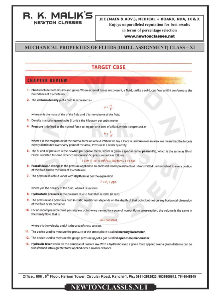 Mechanical Properties of Fluids Worksheet (Fully Solved) | PDF