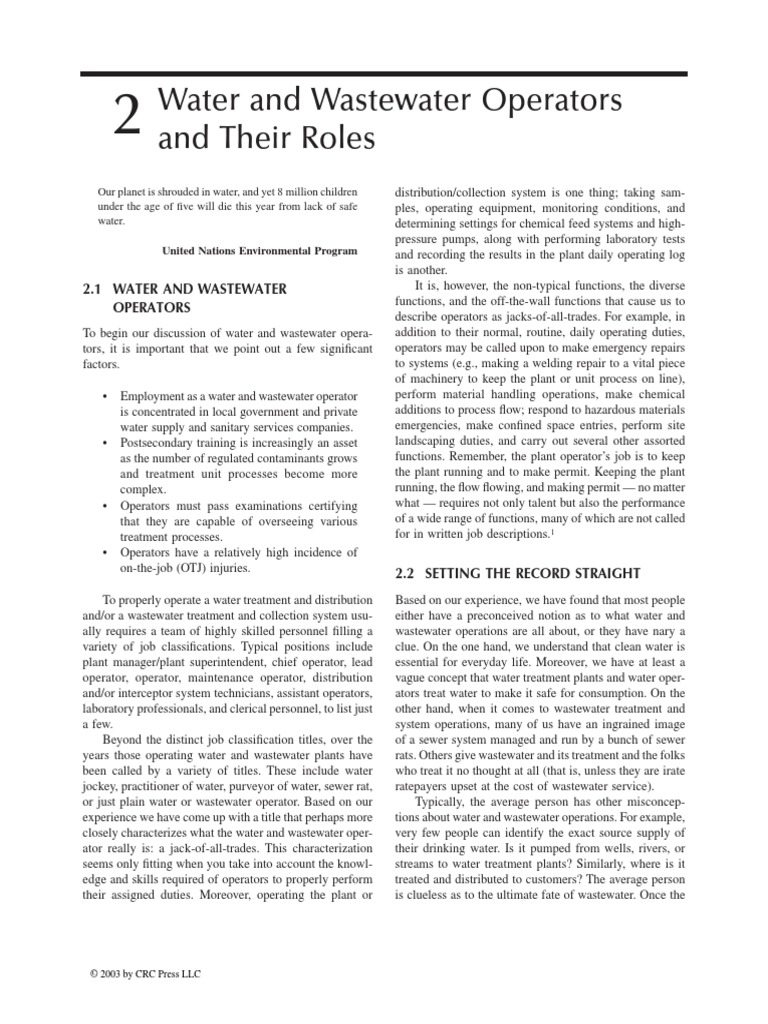 Water and Wastewater Operators and Their Roles | PDF | Sewage Treatment ...