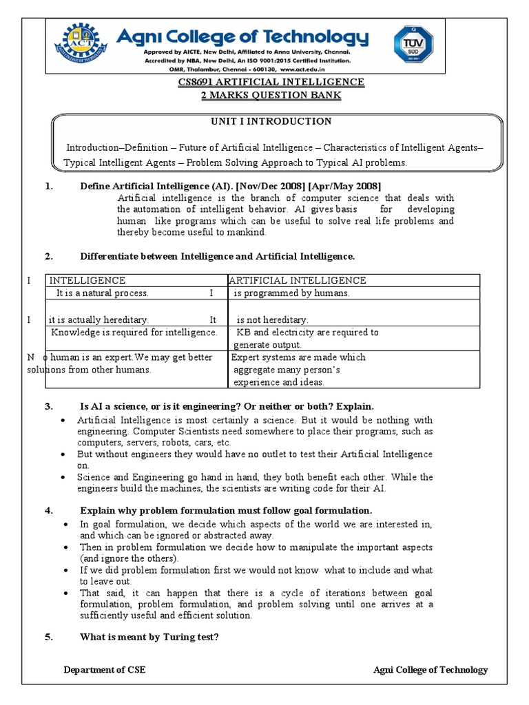 cs8691 - 2 Marks With Answers | PDF | Artificial Intelligence ...