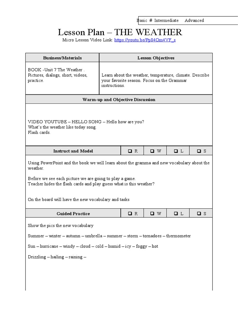 Lesson Plan - THE WEATHER: Business/Materials Lesson Objectives | PDF ...