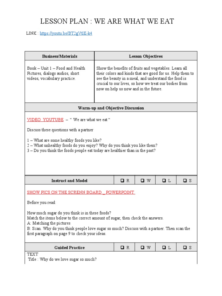 We Are What We Eat | PDF | Lesson Plan | Healthy Diet